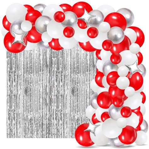 Red White Silver Balloon Garland Arch 124pcs Red And White Balloons