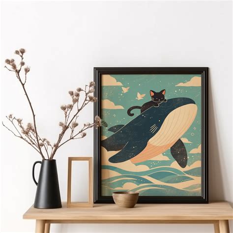 Happy Cat Riding Whale Poster Cartoon Cat And Whale Joyful Fun Animal