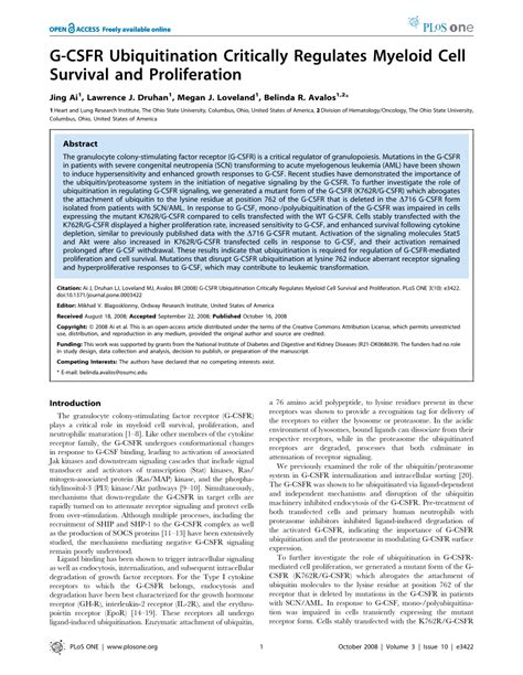 Pdf G Csfr Ubiquitination Critically Regulates Myeloid Cell Survival And Proliferation