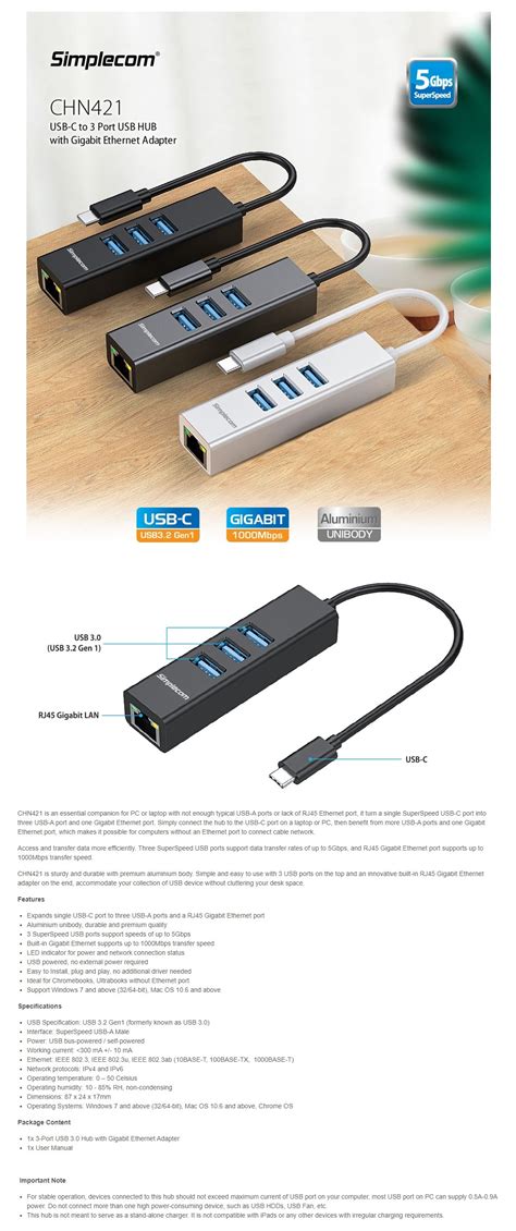 Simplecom CHN USB Type C To Port Type A HUB W Gigabit Ethernet Adapter Black PLE Computers