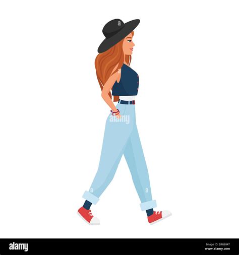 Walking Hipster Girl Pretty Young Woman Going For A Walk Vector Cartoon Illustration Stock