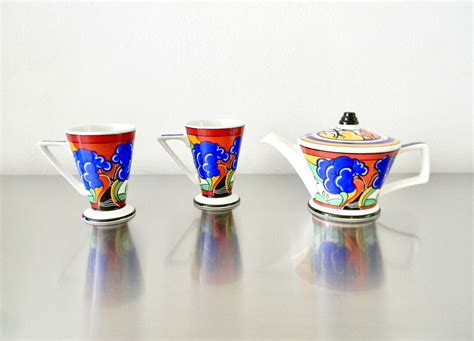 Vintage Sadler Clarice Cliff Inspired Blue Trees Teapot And Pair Of