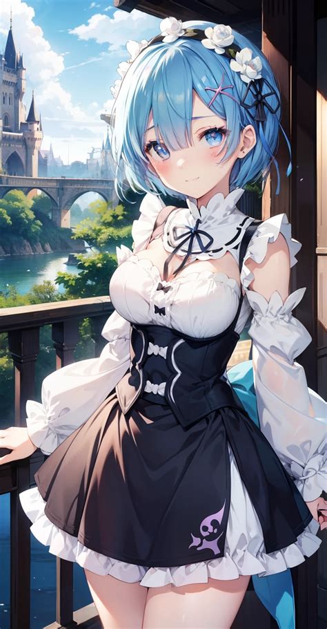 성을 배경으로 발코니에 서 있는 가정부 복장의 여성 Seaart Ai