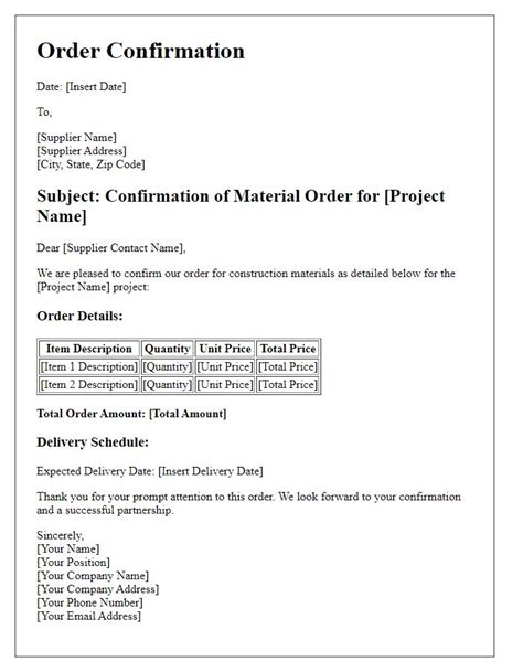 Letter Template For Construction Material Order Confirmation Free