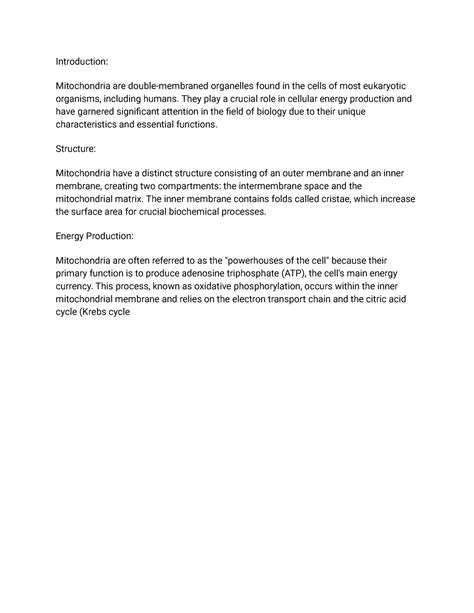 Mitochondria BIOLOGY Introduction Mitochondria Are Double Membraned Organelles Found In The