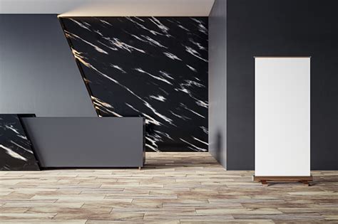 현대적인 짙은 대리석 사무실 로비 인테리어 빈 흰색 모형 포스터 리셉션 데스크 및 나무 바닥 3d 렌더링 0명에 대한 스톡 사진 및 기타 이미지 Istock