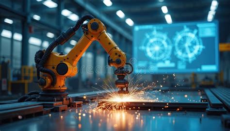 Robotic Arm In Factory Welding Metal Sparks Fly Automated Process