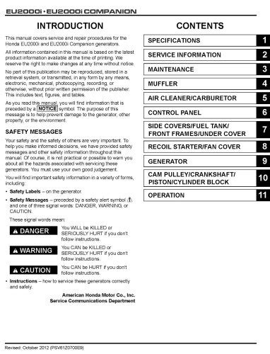 Honda Eu2000 Eu2000i Generator Service Repair Shop Manual Honda