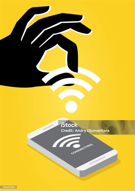 Wifi 기호와 거 대 한 블랙 핸드 휴대 전화 훔쳐 연결 노랑에 대한 스톡 벡터 아트 및 기타 이미지 노랑 디자인 무선 기술 Istock