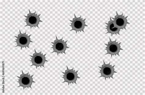 Realistic Bullet Holes From A Firearm In A Metal Plate Are Isolated On Transparent Background
