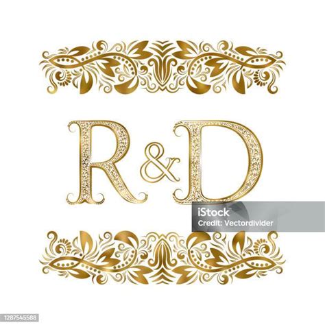 R 및 D 빈티지 이티즈 기호 문자는 장식 요소로 둘러싸여 있습니다 결혼식 또는 비즈니스 파트너 로얄 스타일의 모노그램 결혼식에 대한 스톡 벡터 아트 및 기타 이미지