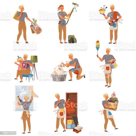 매일 루틴 세트를하고 주부 남자 쇼핑 그림 벽 먼지 닦기 창 세척 옷장 만화 벡터 일러스트레이션에 옷을 넣어 가사 집안일에 대한 스톡 벡터 아트 및 기타 이미지 Istock