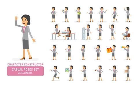 벡터 젊은 성인 여성 사무실 정장 기성용 캐릭터 캐주얼 포즈 플랫 스타일로 설정 전체 길이 제스처 감정 전면 측면 후면보기 망원경에 대한 스톡 벡터 아트 및 기타 이미지
