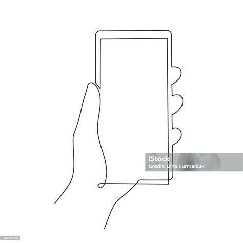 핸드 홀딩 스마트폰 한 줄 아트 연속 윤곽 빈 화면이 있는 모바일 장치입니다 낙서 스케치 스타일 미니멀 한 디자인 편집 가능한 스트로크 전화선에 대한 스톡 벡터 아트 및
