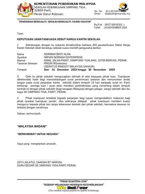 Surat Tawaran Kepada Tender Kantin Yang Berjaya Pdf