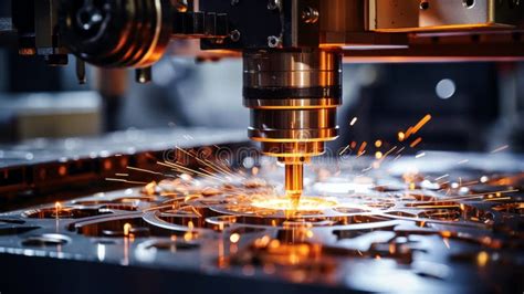 Cnc Milling Machine Cutting Metal With Sparks Small Depth Of Field Stock Illustration