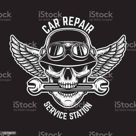 자동차 수리 이빨에 렌치와 날개 달린 헬멧에 두개골 라벨 사인 티셔츠용 디자인 요소 벡터 일러스트레이션 오토바이 헬멧에 대한