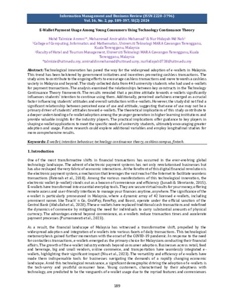 Pdf E Wallet Payment Usage Among Young Consumers Using Technology Continuance Theory