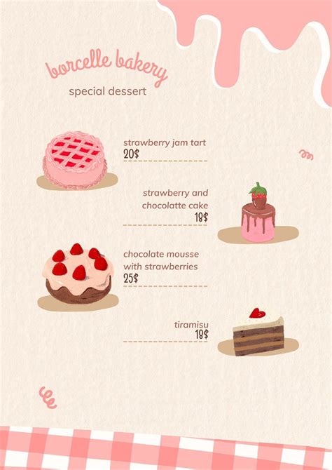 Pink Cream Cute Bakery Dessert Menu Template