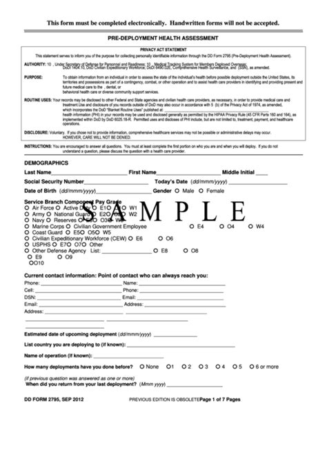 dd form 2795 privacy act statement sample pre deployment health assessment printable pdf