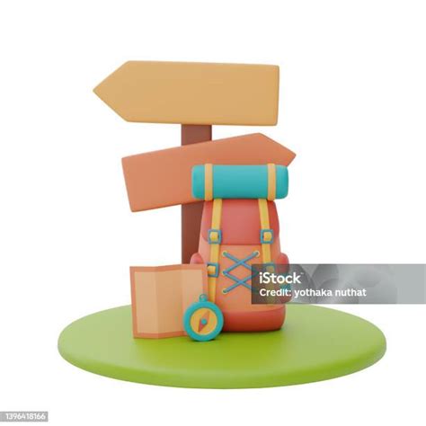 여행 배낭 및 캠핑 장비 지도 및 나침반 여름 캠프 개념 3d 렌더링이있는 캠핑 표지판 관광객에 대한 스톡 사진 및 기타 이미지 Istock