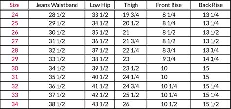 Jeans Size Chart Conversion 29