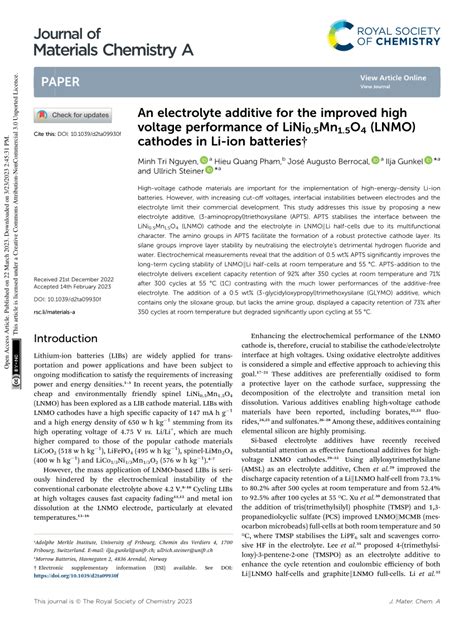 Pdf An Electrolyte Additive For The Improved High Voltage Performance