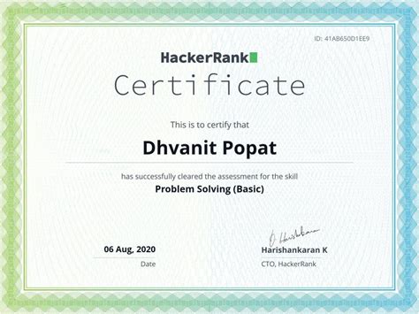 Dhvanit Popat On Linkedin Hackerrank Problemsolving Certificate