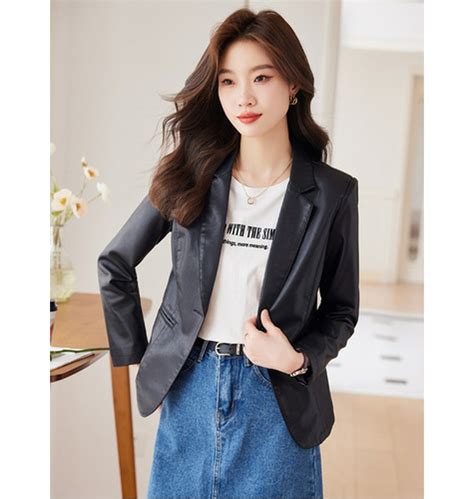 우먼여성 이쁜 유니크 가죽 코트 살구색 정장 코트 가을 Pu가죽 캐주얼 코디 양복 가죽 상의 Hot3 티몬