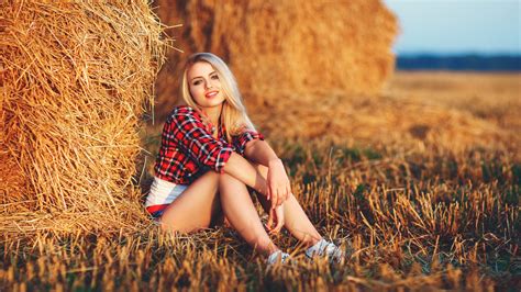 Wallpaper Sunlight Women Outdoors Model Blonde Blue Eyes Nature Field Dress Smiling