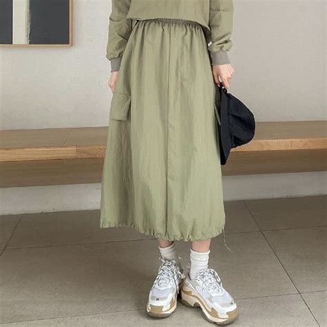 아노락 코디 항아리 풍선 건빵 롱 스커트 아콘 베이지 블랙 크림 그레이 카키