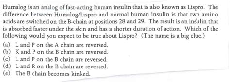 Solved Humalog Is An Analog Of Fast Acting Human Insulin Chegg Com