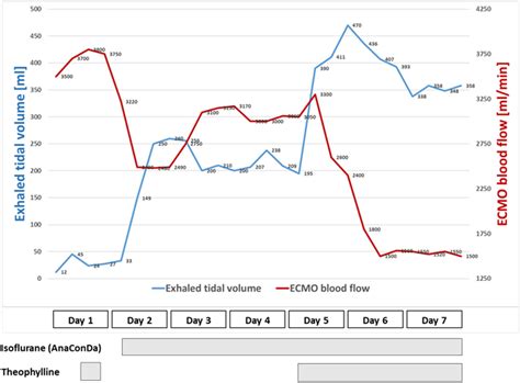Time Course Of Exhaled Tidal Volume Left Y‐axis Blue Line And Ecmo