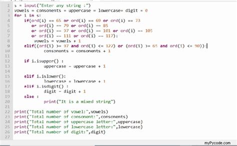 文字列の母音子音大文字小文字の数を数えて表示するPythonプログラム