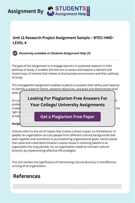Unit 11 Research Project Assignment Sample BTEC HND LEVEL 4