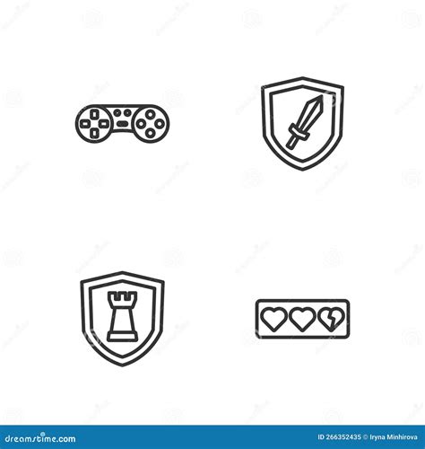 set line game life bar chess shield controller or joystick and sword for game icon vector