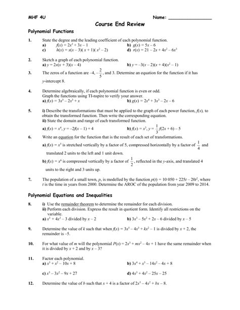 Mhf 4u Math Review Polynomials Trig Exponentials