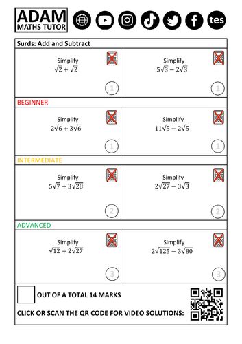 Gcse Surds Worksheets Exam Questions And Solutions Teaching Resources