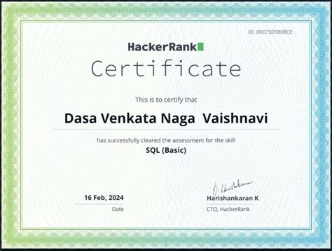 Earned Sql Certification With Hackerrank Dasa Venkata Naga Vaishnavi