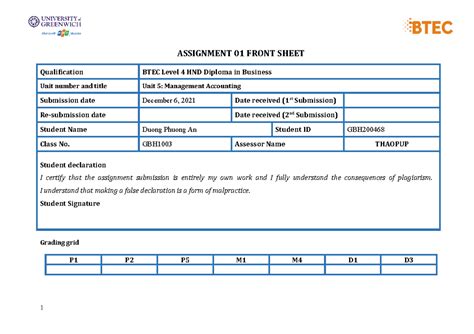 489 Assignment 1 Gbh2004 68 Assignment 01 Front Sheet Qualification Btec Level 4 Hnd Diploma