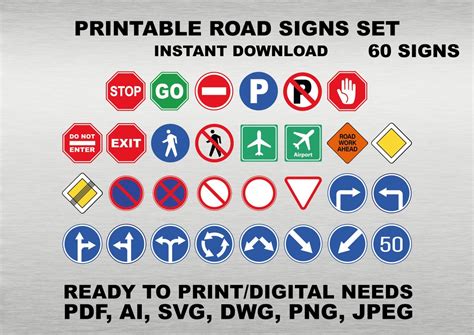 Road Signs Set 60 Signs Printable Digital Instant Etsy Australia