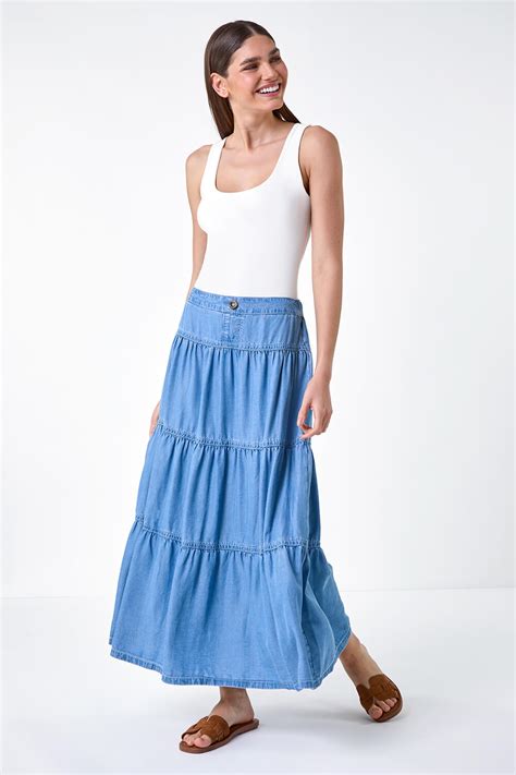 Light Blue Denim Wash Tiered Maxi Skirt Roman Uk