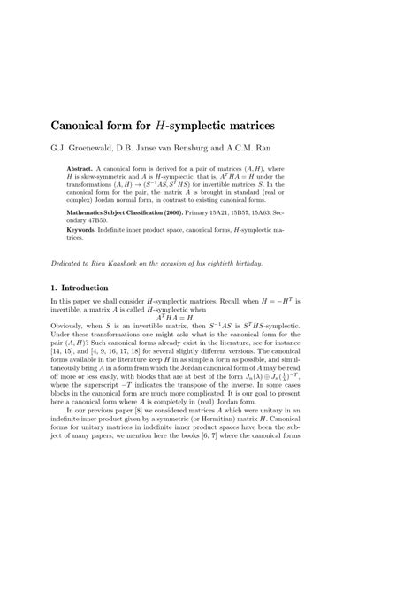 Pdf Canonical Form For H Symplectic Matrices In Honor Of Rien Kaashoek