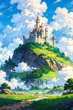 Illustration Of Majestic Castle On A Floating Cliff Anime Art Style
