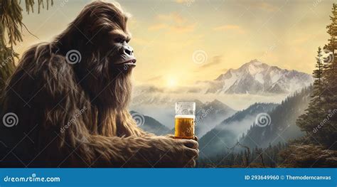 Bigfoot Drinking A Cold Craft Beer With Scenic View Stock Illustration Illustration Of