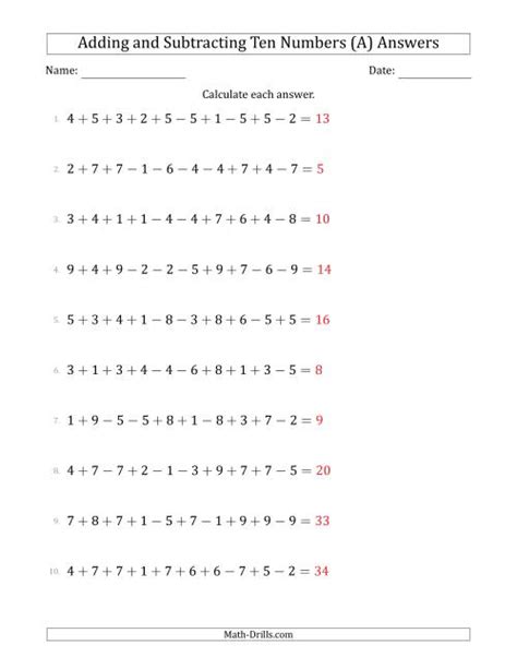 adding and subtracting ten numbers horizontally range 1 to 9 all