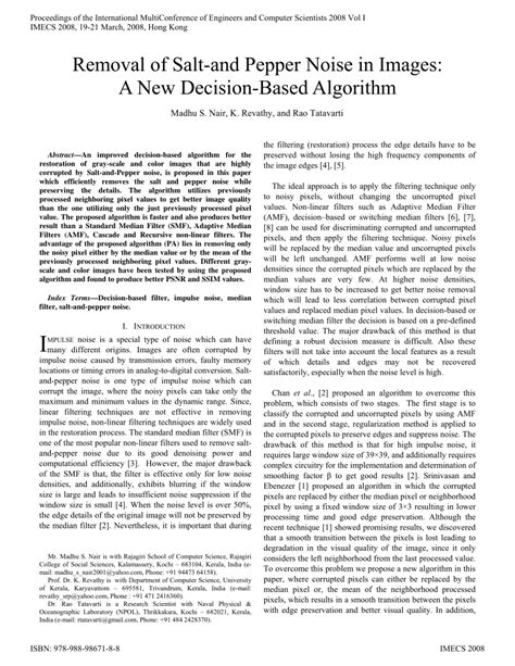 Pdf Removal Of Salt And Pepper Noise In Images A New Decision Based