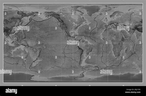 Tectonic Plate Boundaries On A Grayscale Map Of The World In The Patterson Cylindrical