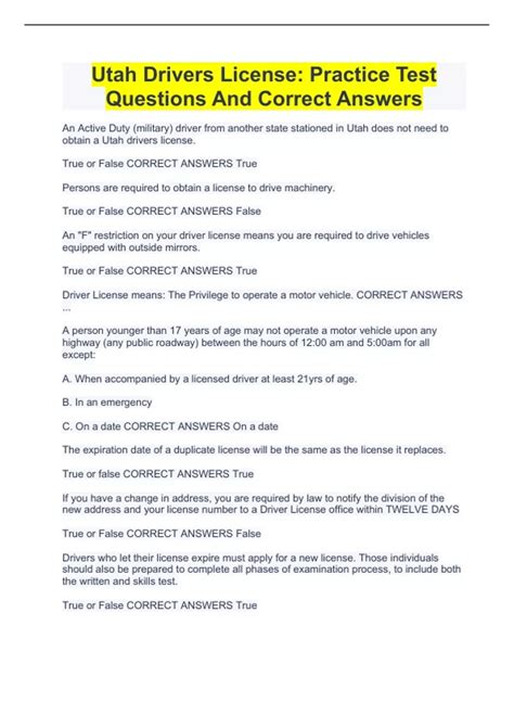 Utah Drivers License Practice Test Questions And Correct Answers Utah Permit Stuvia Us