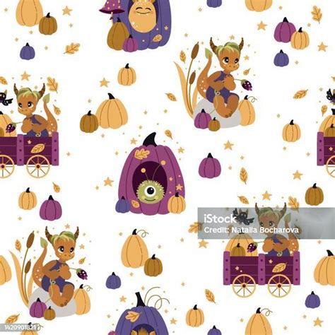 할로윈을위한 완벽한 패턴 괴물 호박 및 비문이있는 무서운 배경 휴가를위한 악몽 같은 요소 벡터 일러스트레이션 직물 종이 엽서 초대장에 인쇄 10월에 대한 스톡 벡터 아트 및